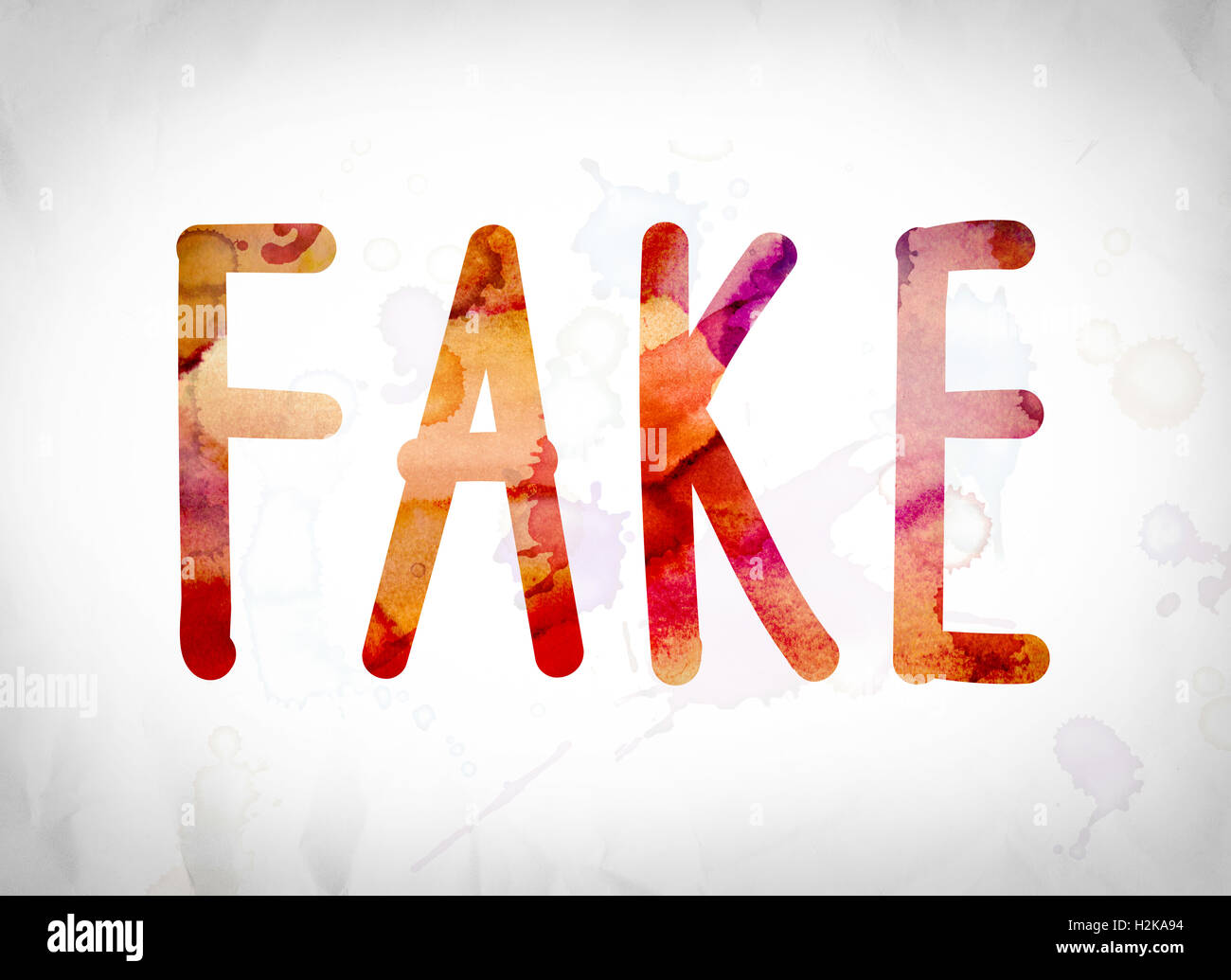 The word "Fake" written in watercolor washes over a white paper ...