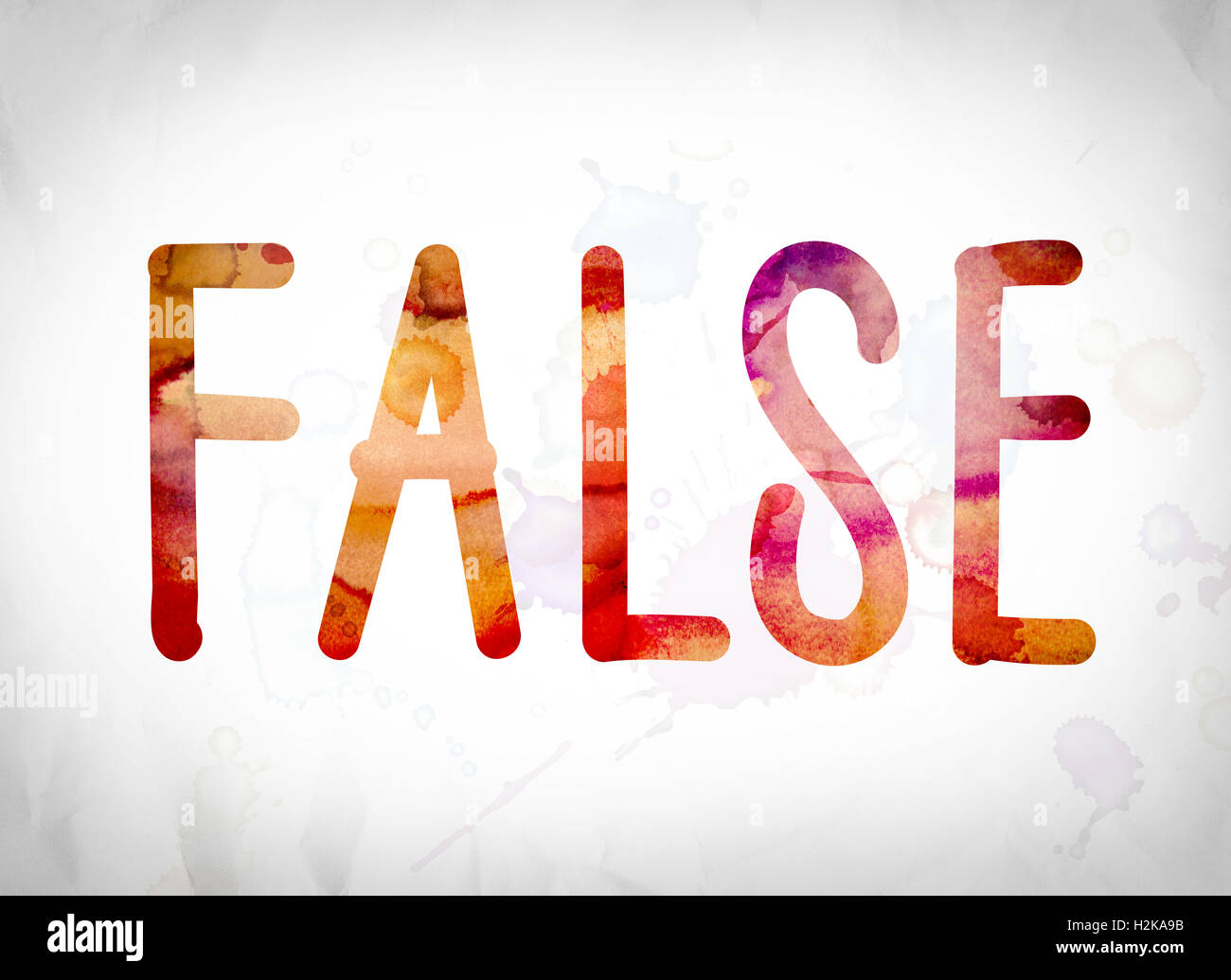 The word "False" written in watercolor washes over a white paper ...