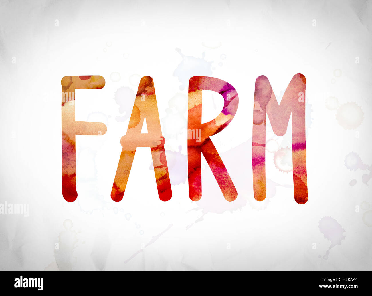 The word "Farm" written in watercolor washes over a white paper ...