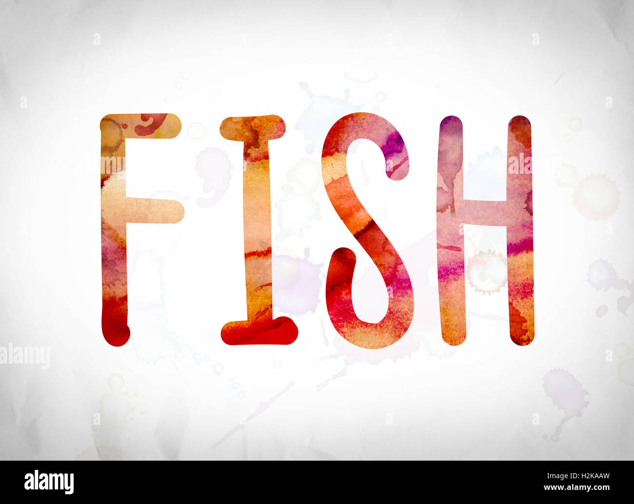 The word "Fish" written in watercolor washes over a white paper ...