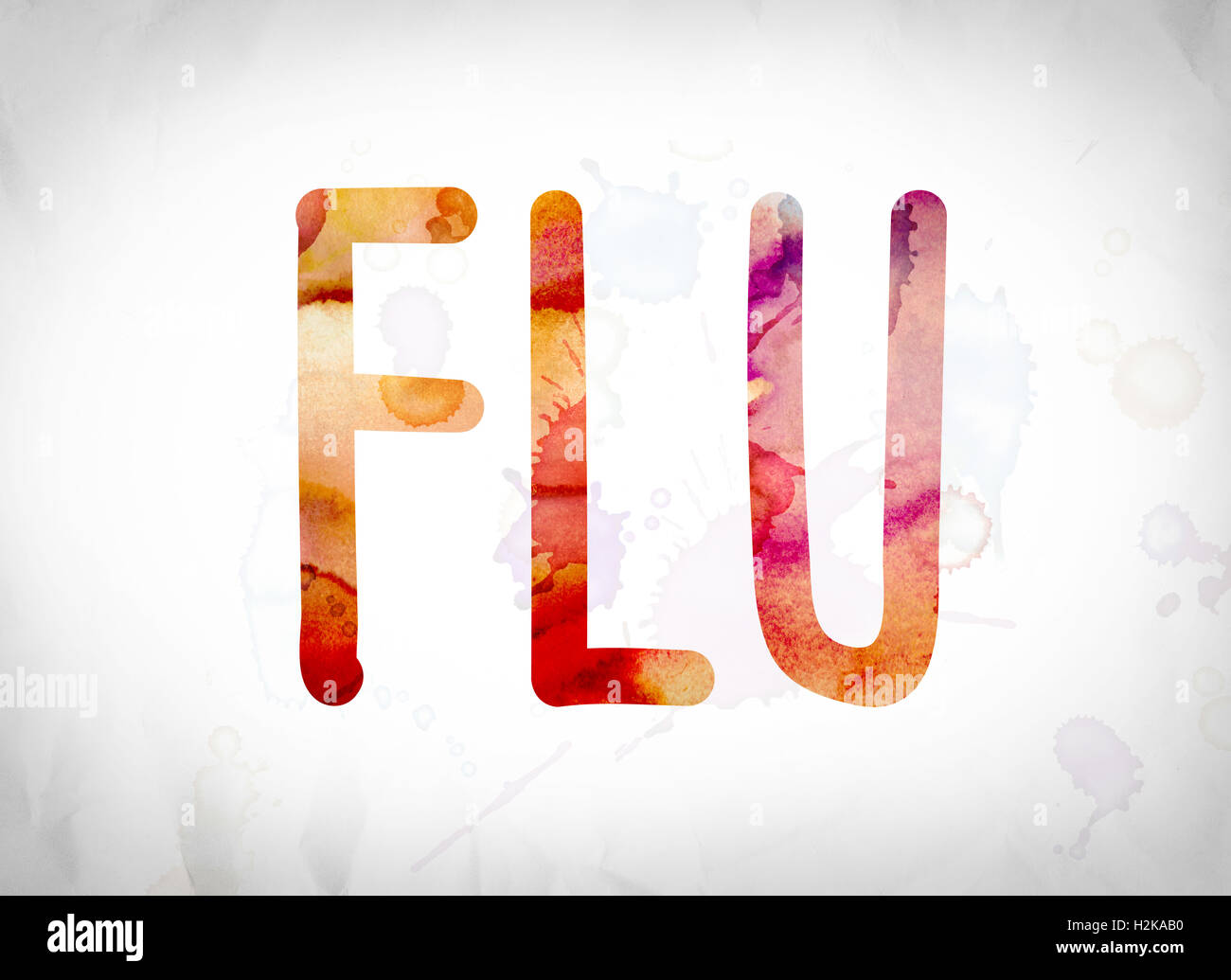 The word "Flu" written in watercolor washes over a white paper ...