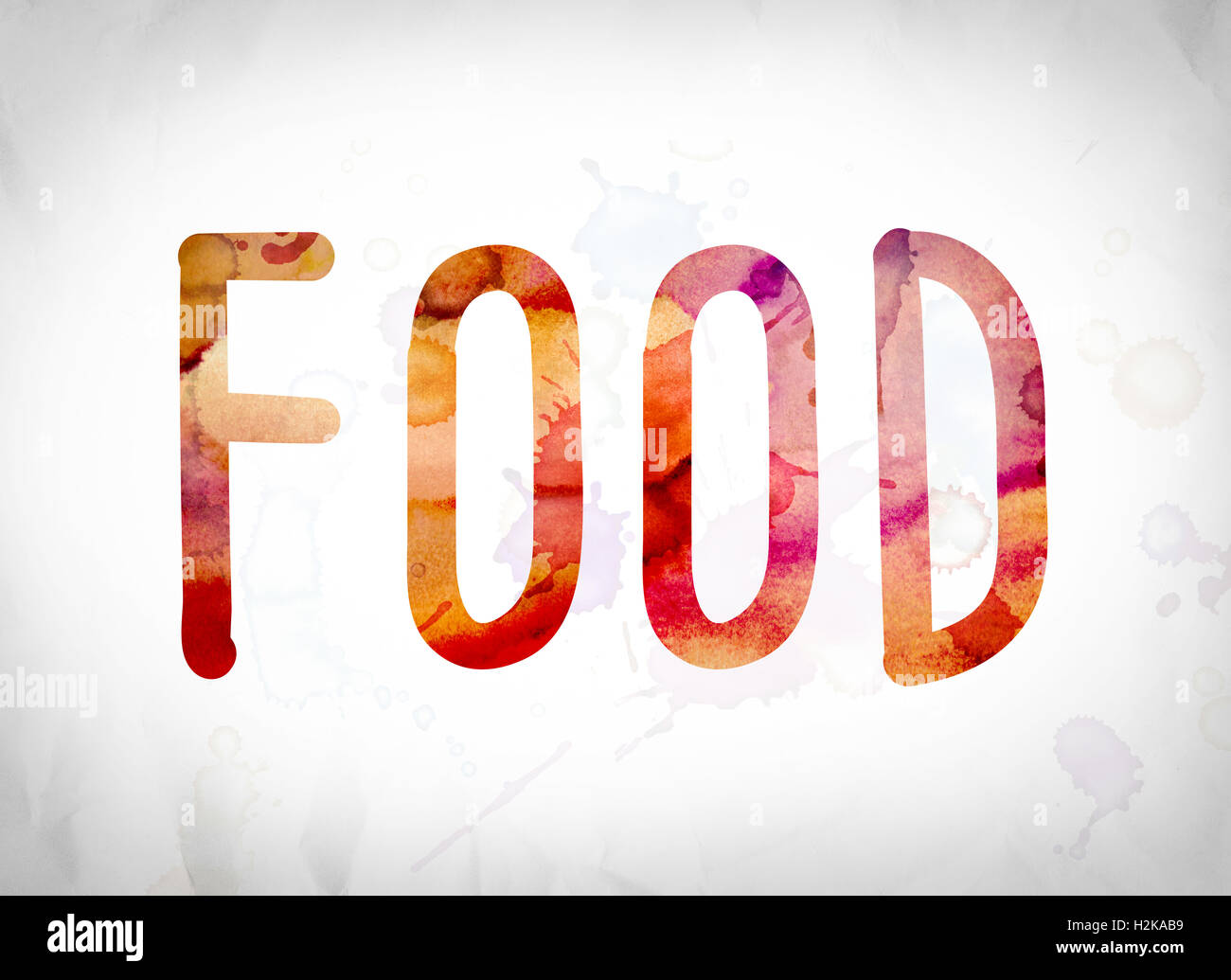 The word "Food" written in watercolor washes over a white paper ...