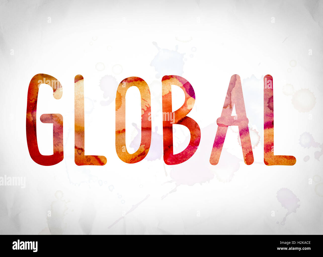 The word "Global" written in watercolor washes over a white paper ...