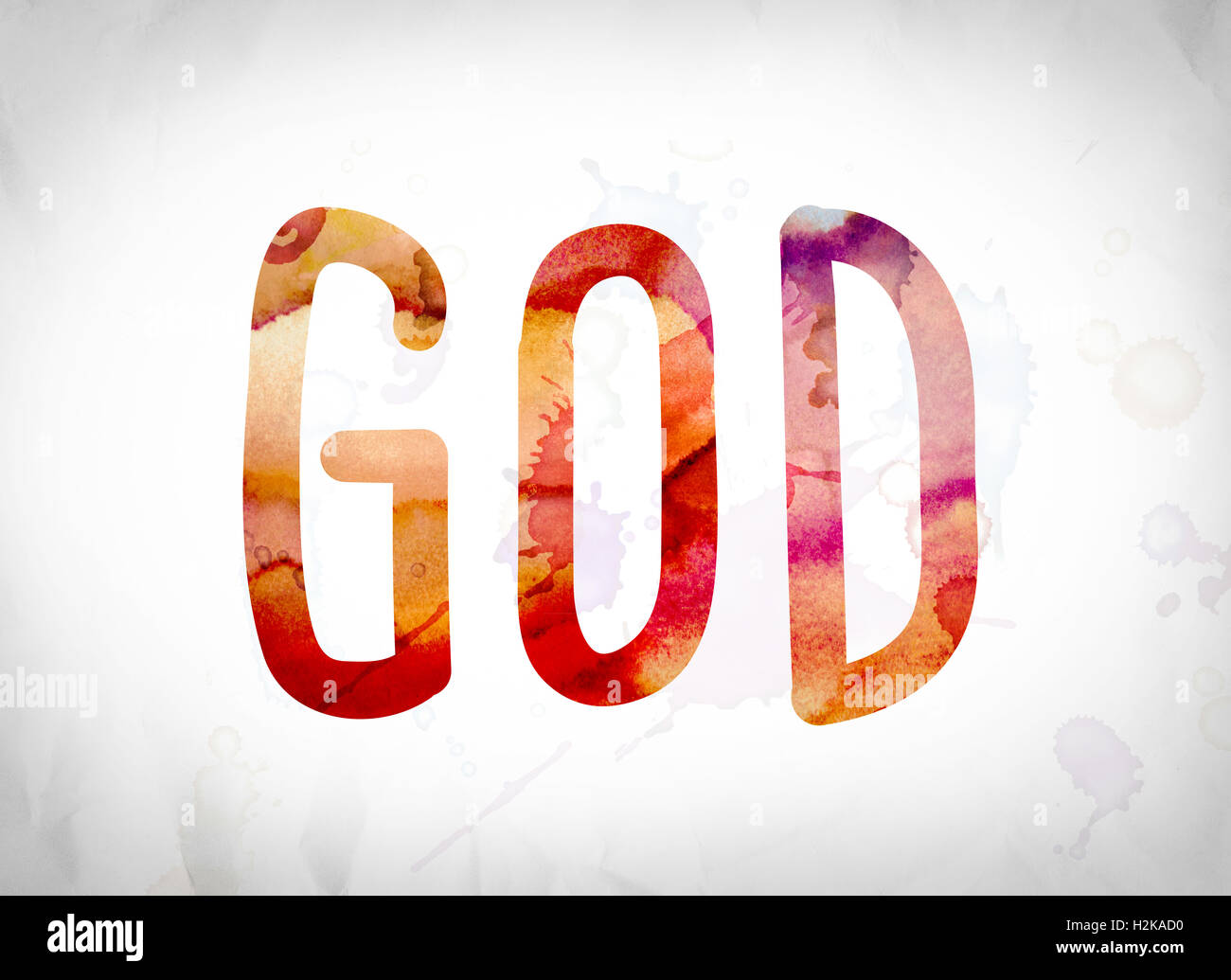 The word "God" written in watercolor washes over a white paper ...