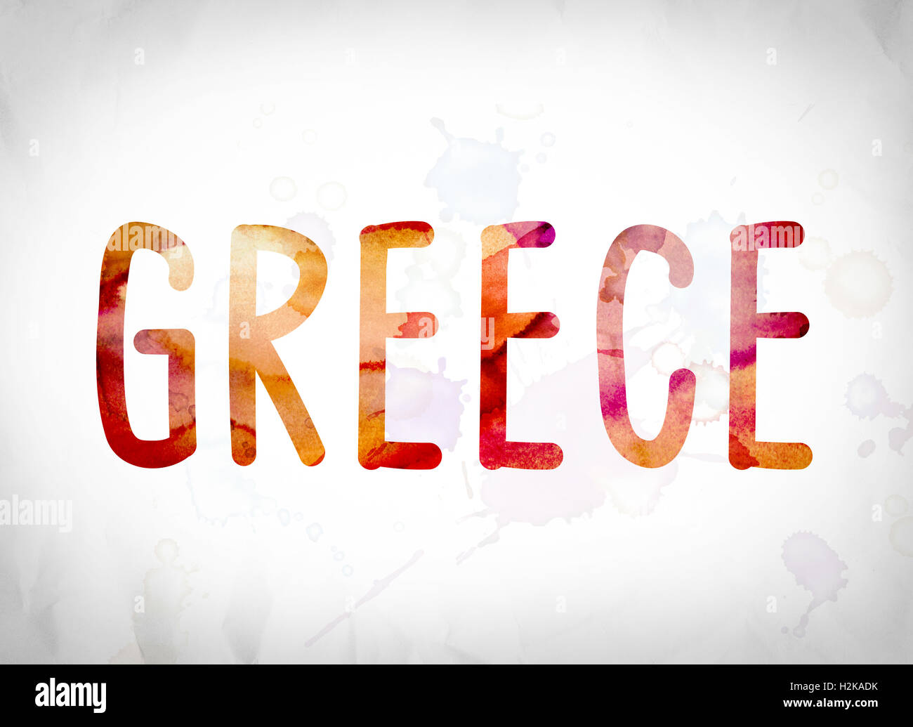 The word "Greece" written in watercolor washes over a white paper ...