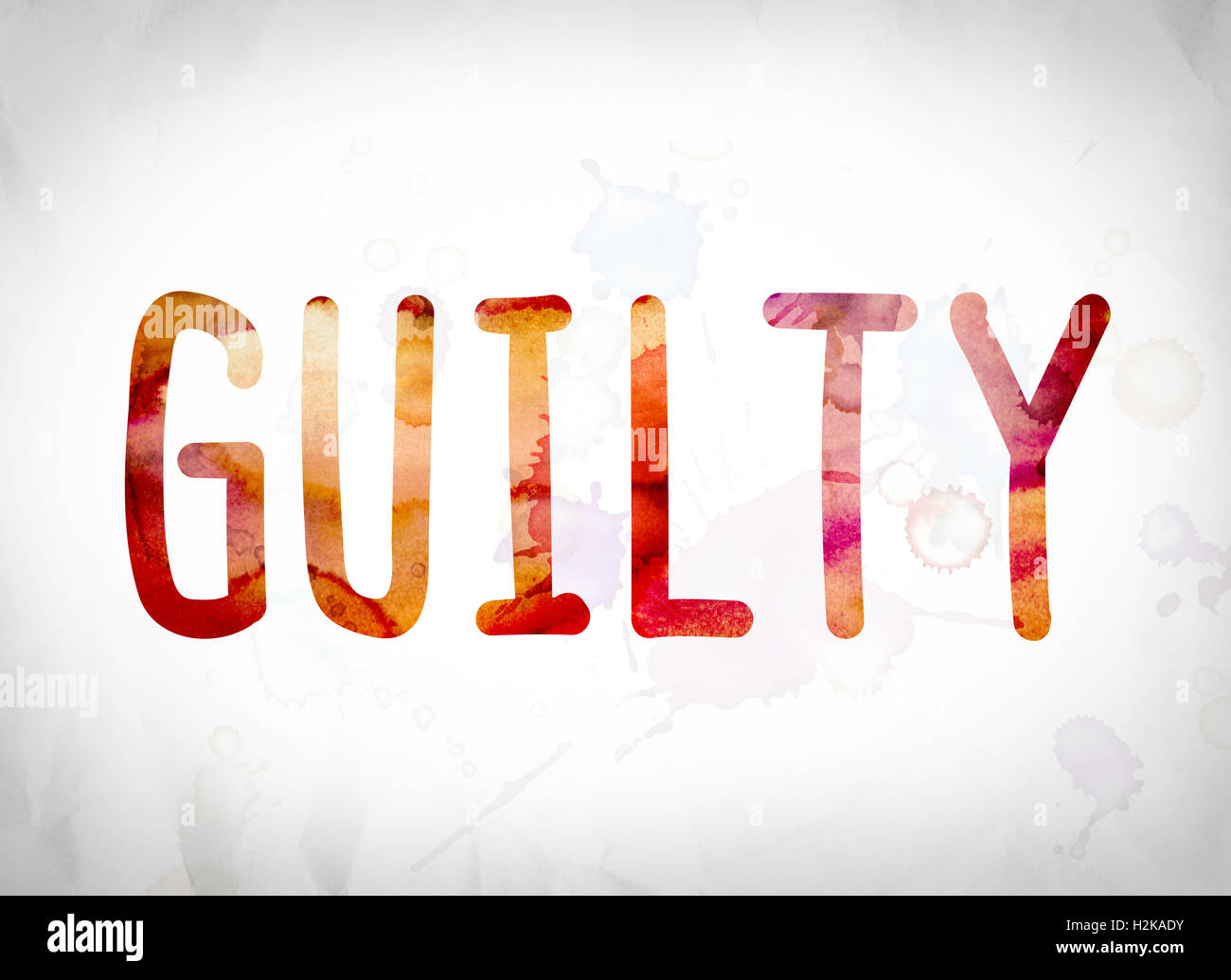 The word "Guilty" written in watercolor washes over a white paper ...
