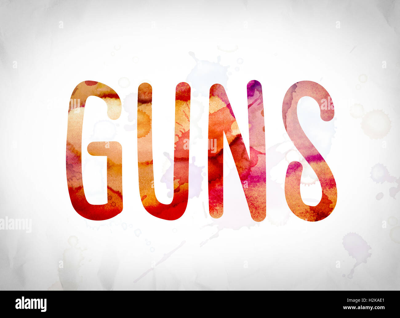 The word "Guns" written in watercolor washes over a white paper ...