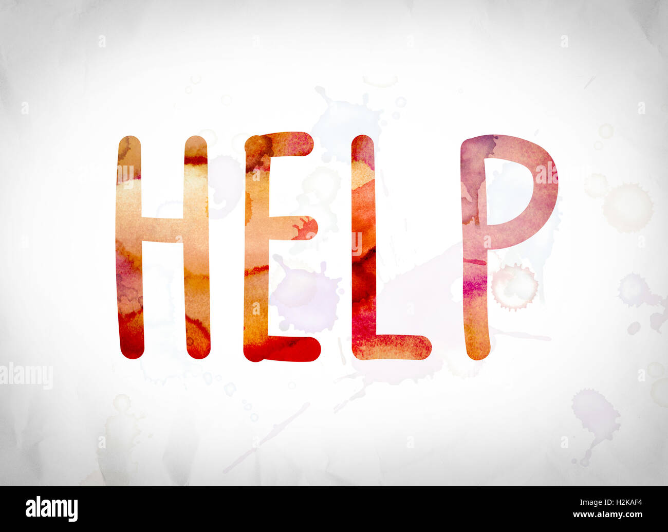 The word "Help" written in watercolor washes over a white paper ...