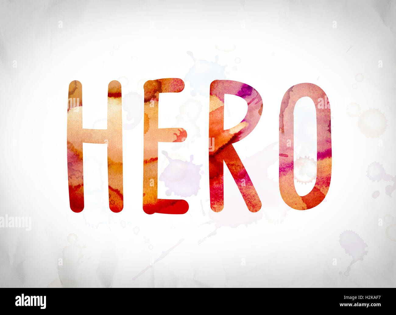 The word "Hero" written in watercolor washes over a white paper background concept and theme ...