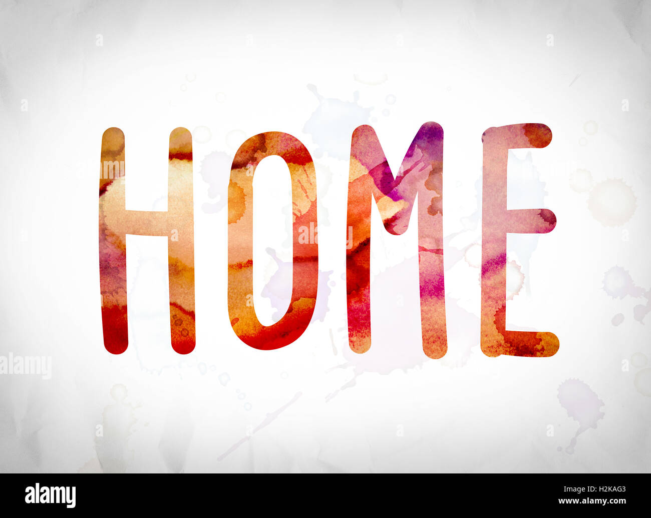 The word "Home" written in watercolor washes over a white paper ...