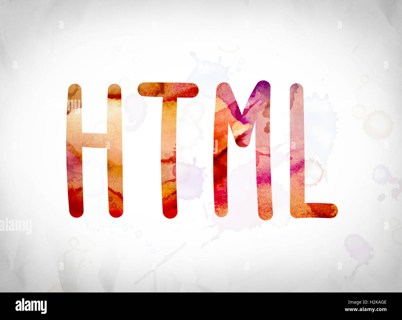 The word "HTML" written in watercolor washes over a white paper ...