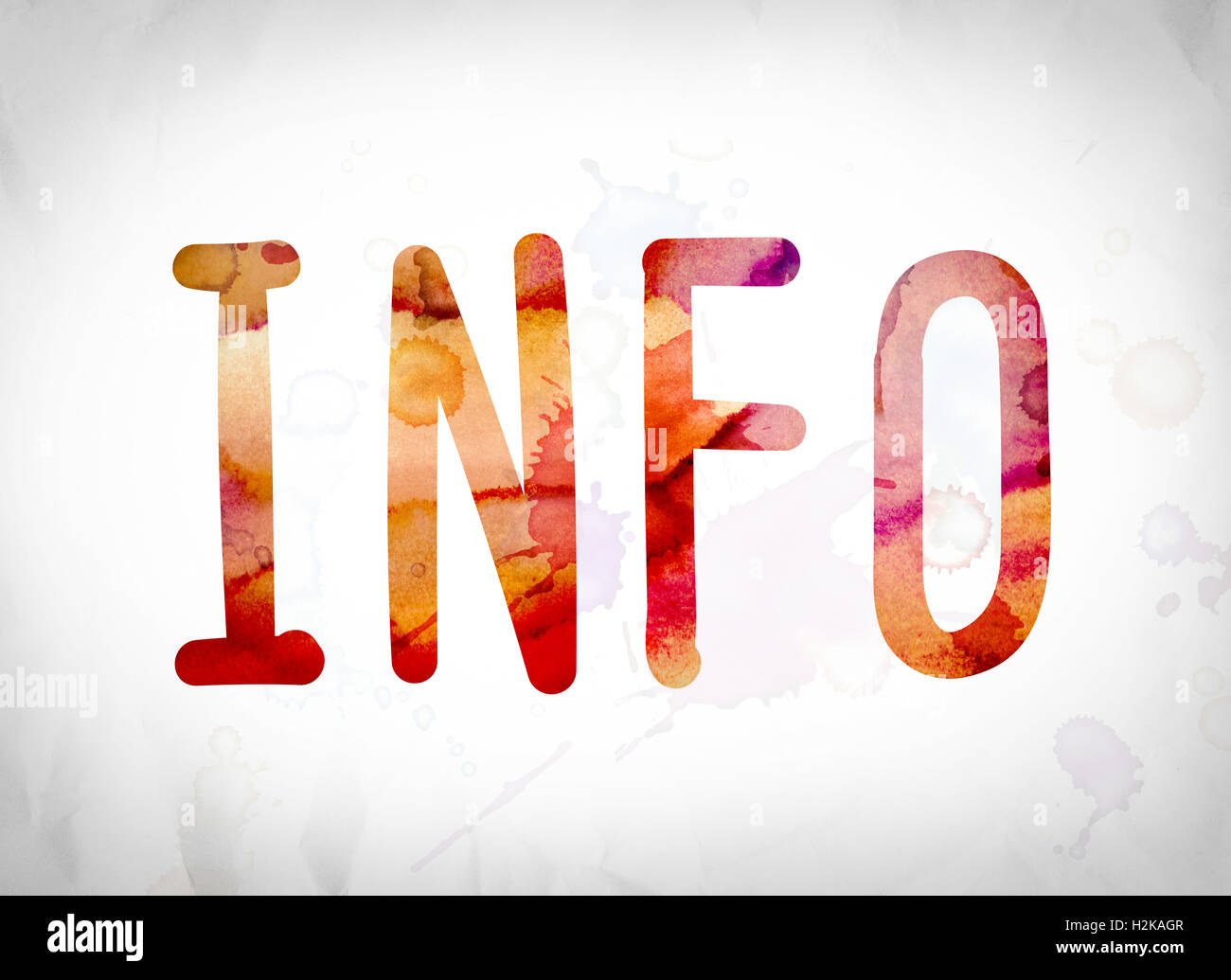 The word "Info" written in watercolor washes over a white paper ...