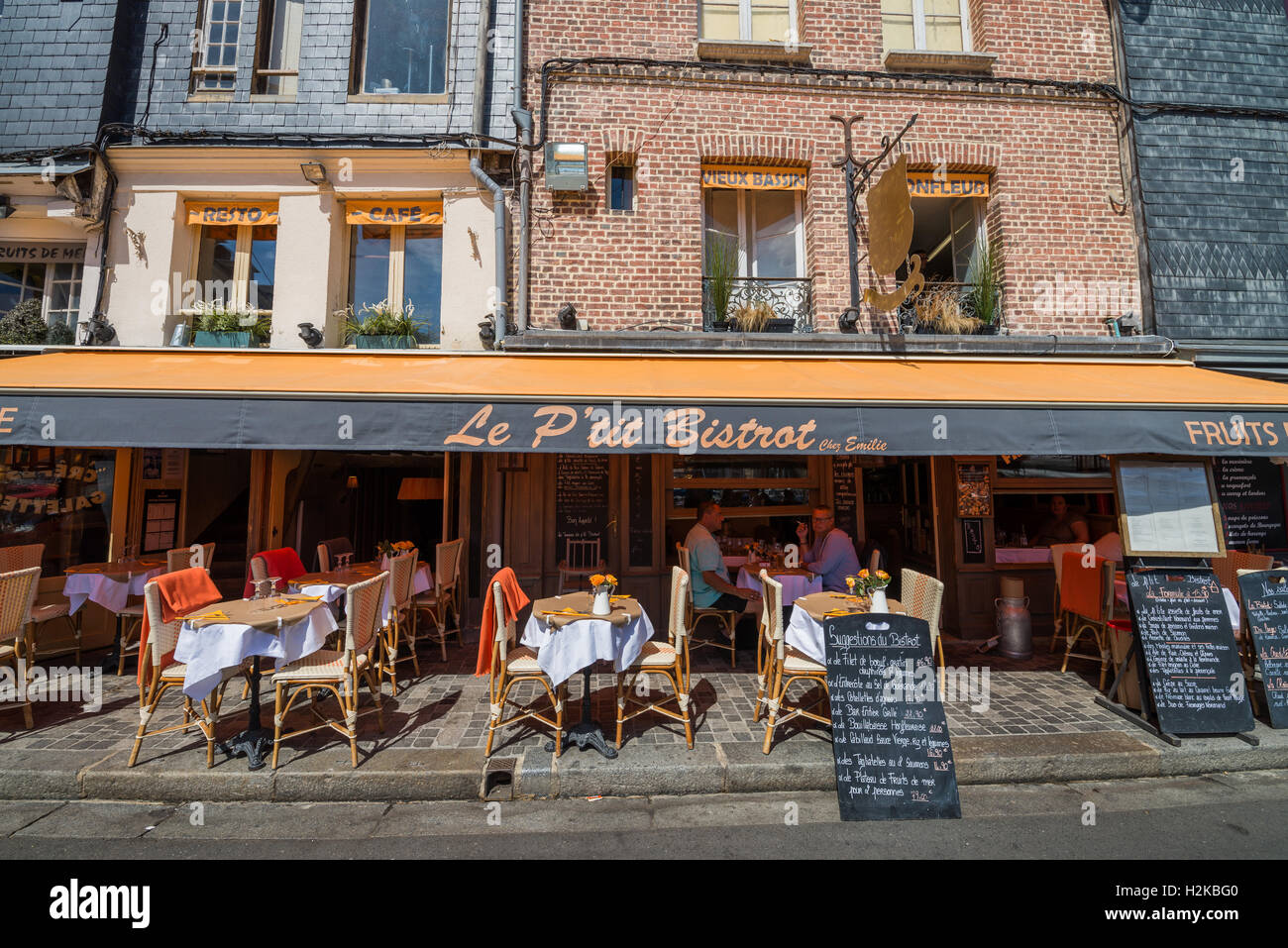 Outdoor restaurants in harbor, Honfleur, Normandy, France, Europe Stock ...