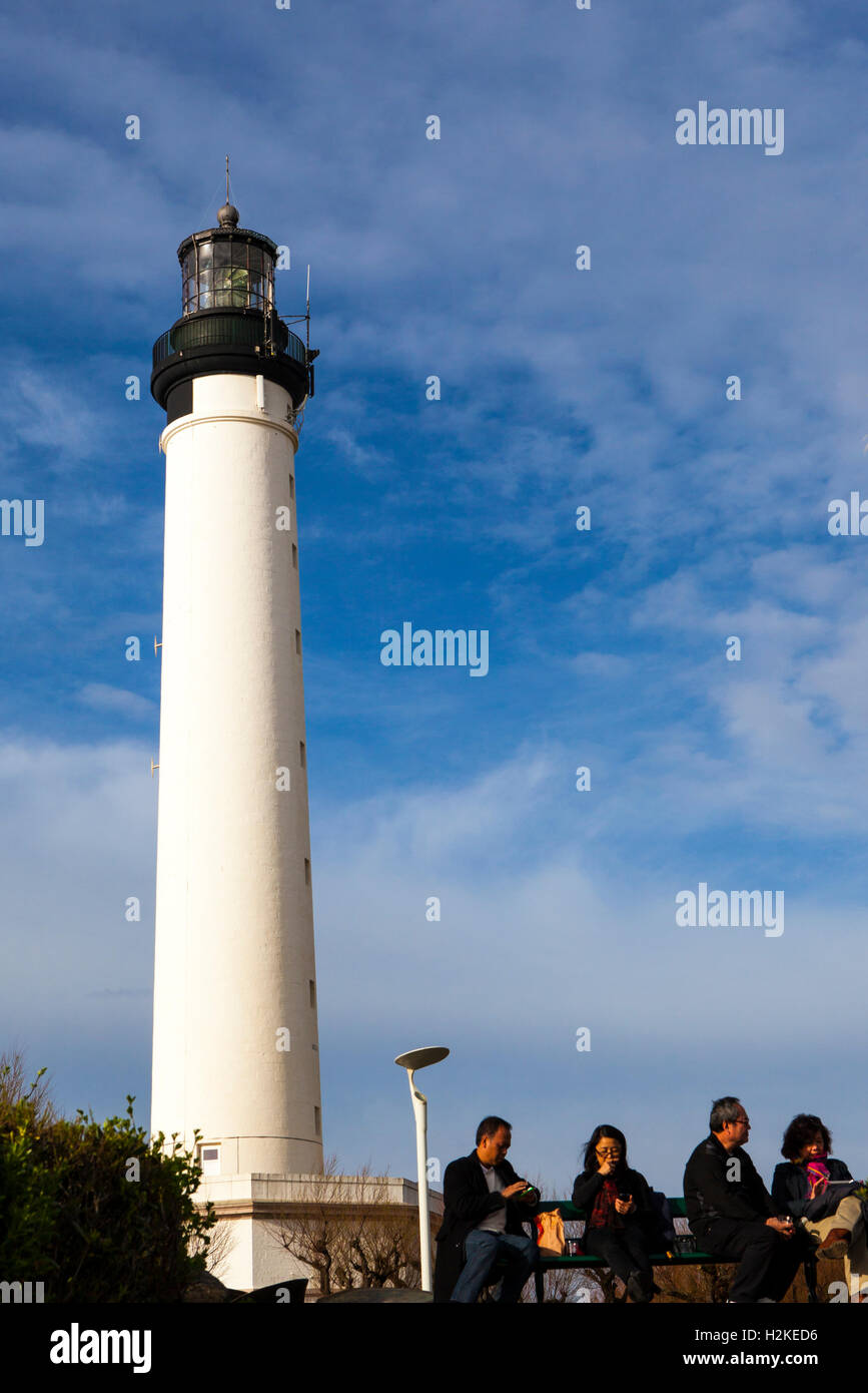 Tourists picnic beside the Phare de Biarritz Biarritz lighthouse ...