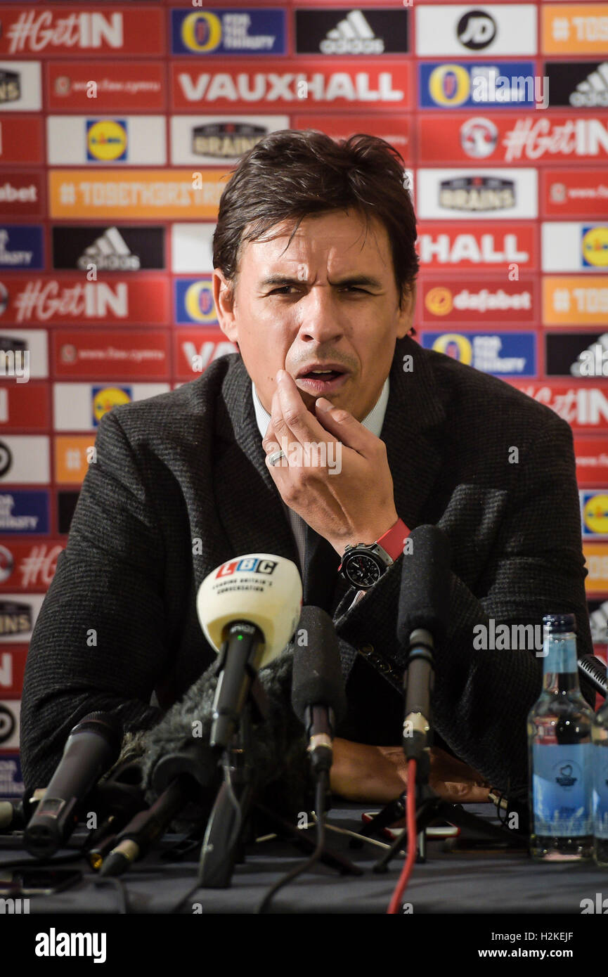 Wales' football team manager Chris Coleman speaks to the media during ...