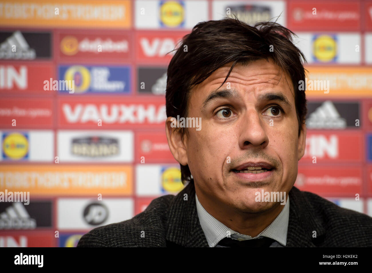 Wales' football team manager Chris Coleman speaks to the media during ...