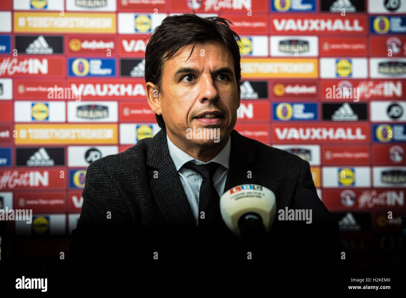Wales' football team manager Chris Coleman speaks to the media during ...