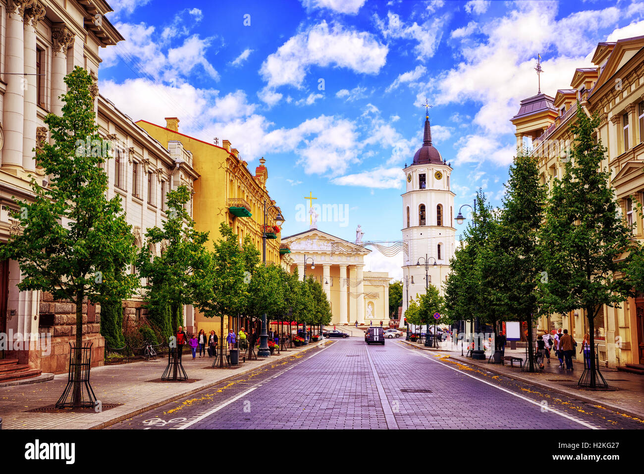 Cathedral square seen from Gediminas Avenue, the main street of Vilnius ...