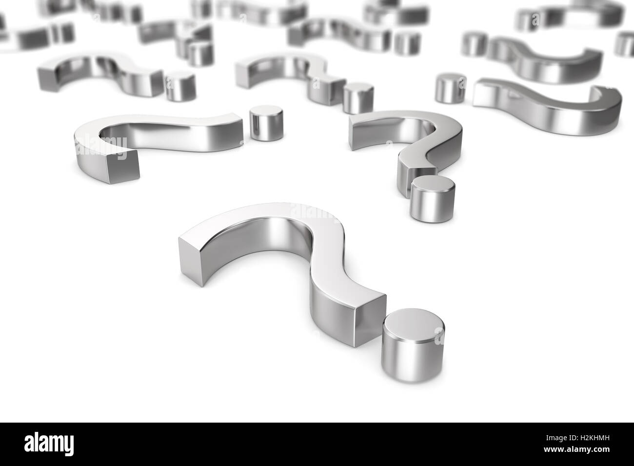 Chrome, metallic question marks on a white background with the effect ...
