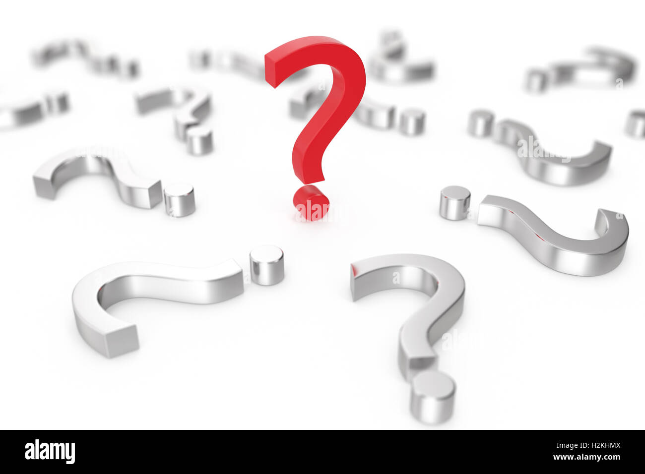 Chrome and red, metallic question marks on a white background with the ...