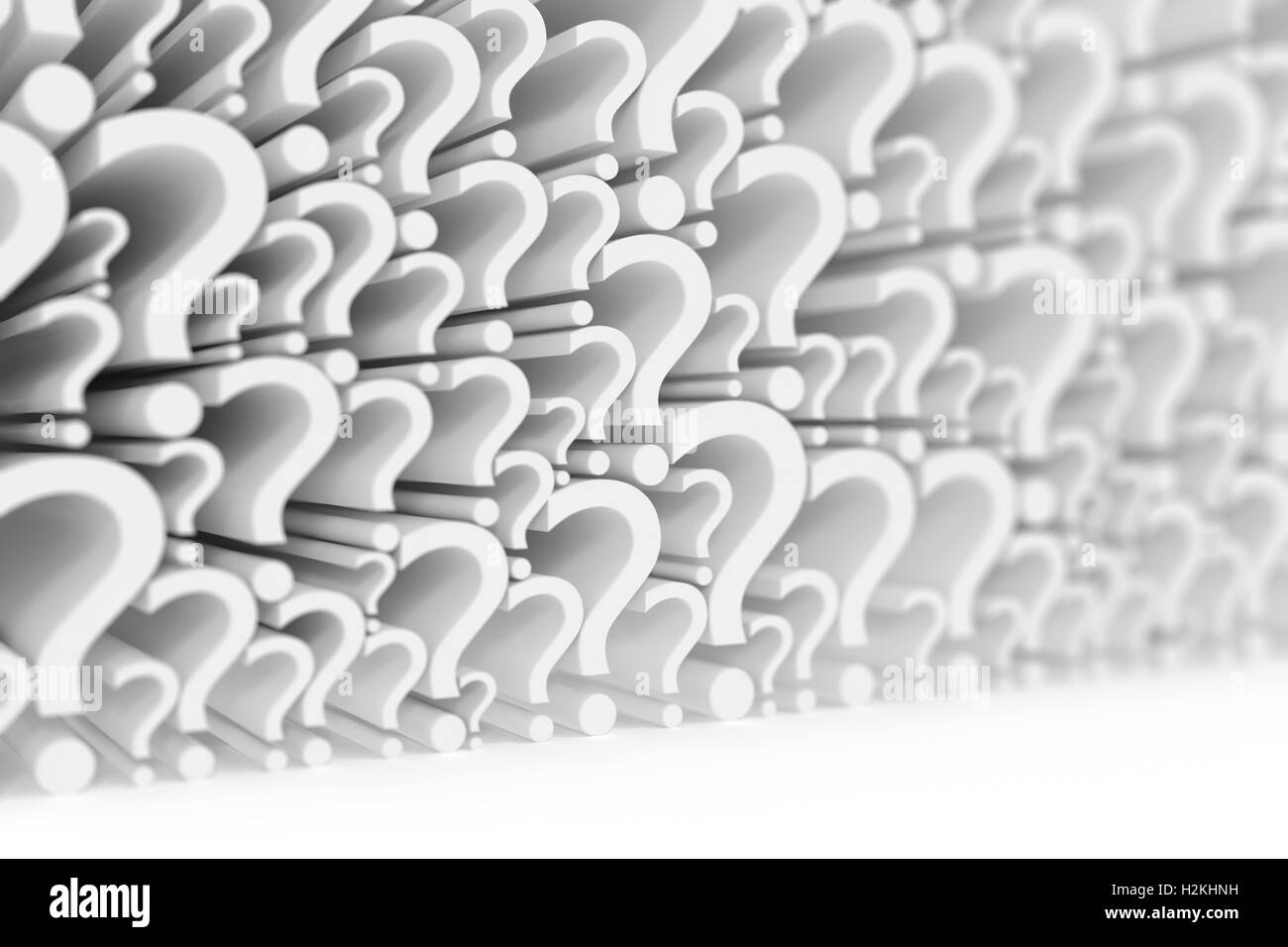 Wall of question marks on a white background with focus effect. 3d ...