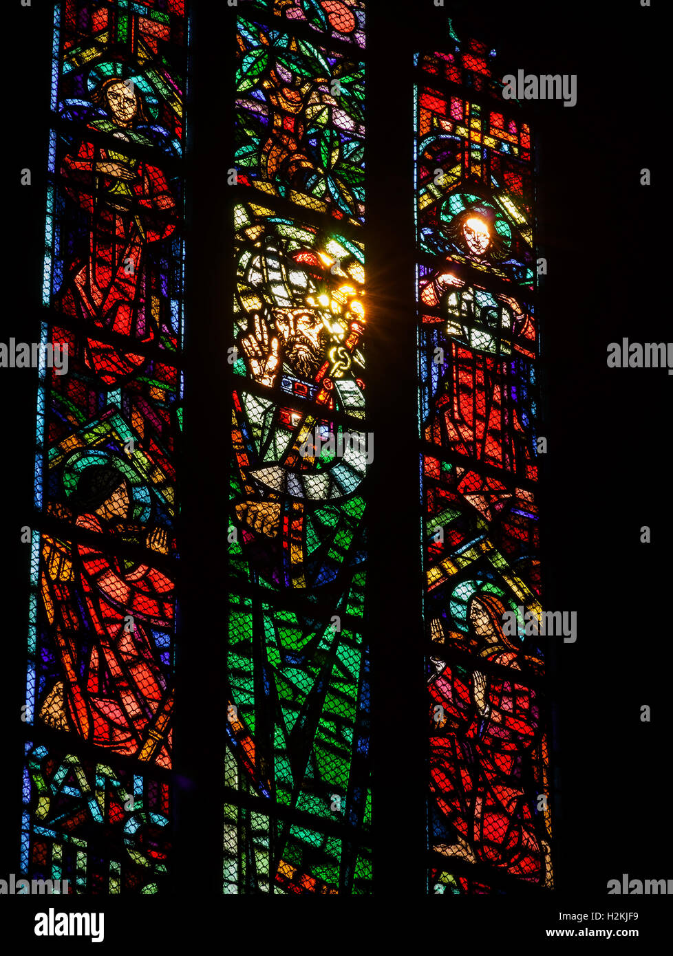 Beautiful colorful leaded pane highlighted from the inside, old church ...