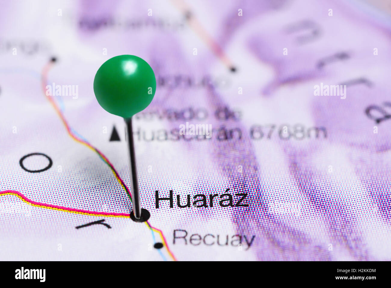Huaraz pinned on a map of Peru Stock Photo - Alamy