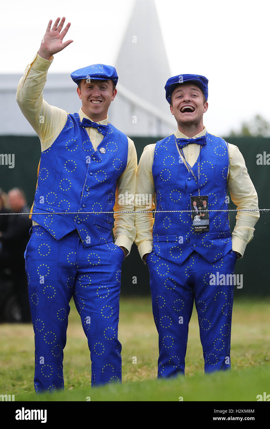 Golf fans dressed in Europe themed attire during a practice session ...
