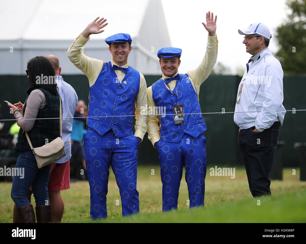 Golf fans dressed in Europe themed attire during a practice session ...