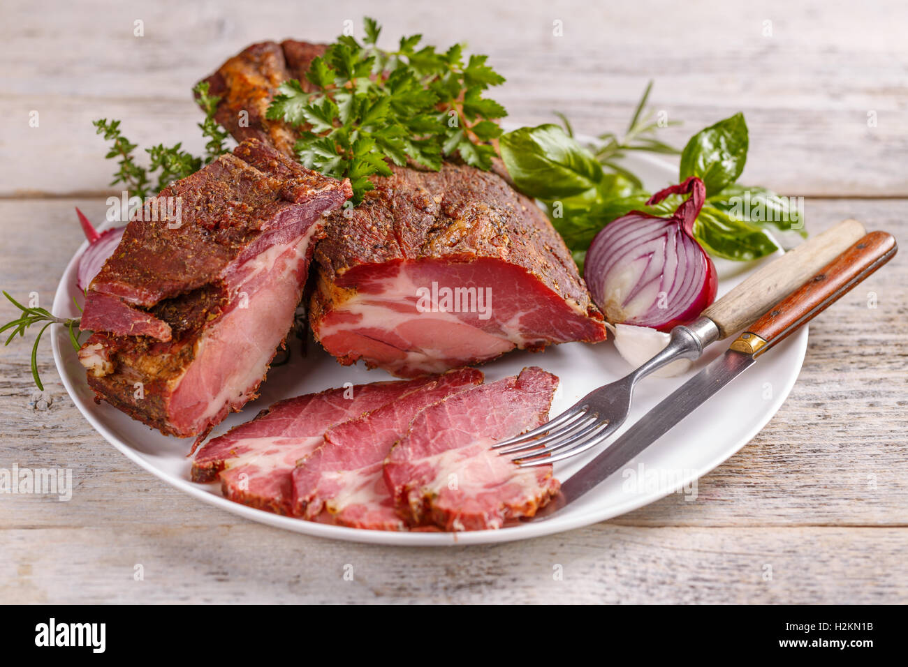 Smoked ham sliced for cold plate Stock Photo - Alamy