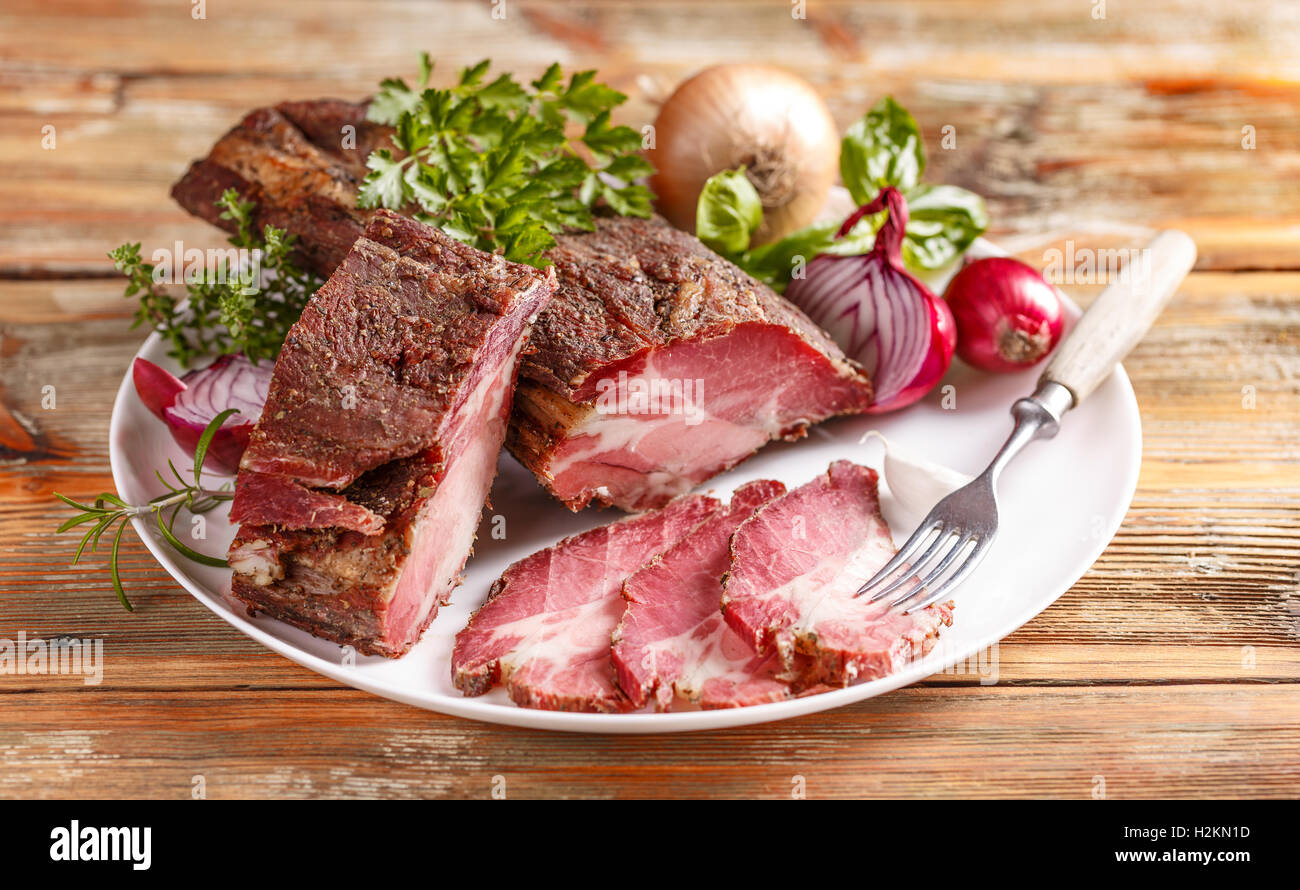 Smoked ham sliced for cold plate Stock Photo - Alamy