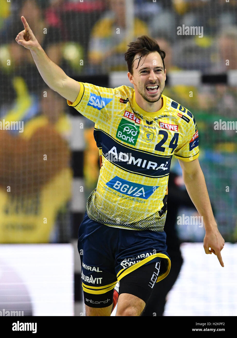 Patrick Groetzki of the Rhein-Neckar Loewen celebrating a goal during ...