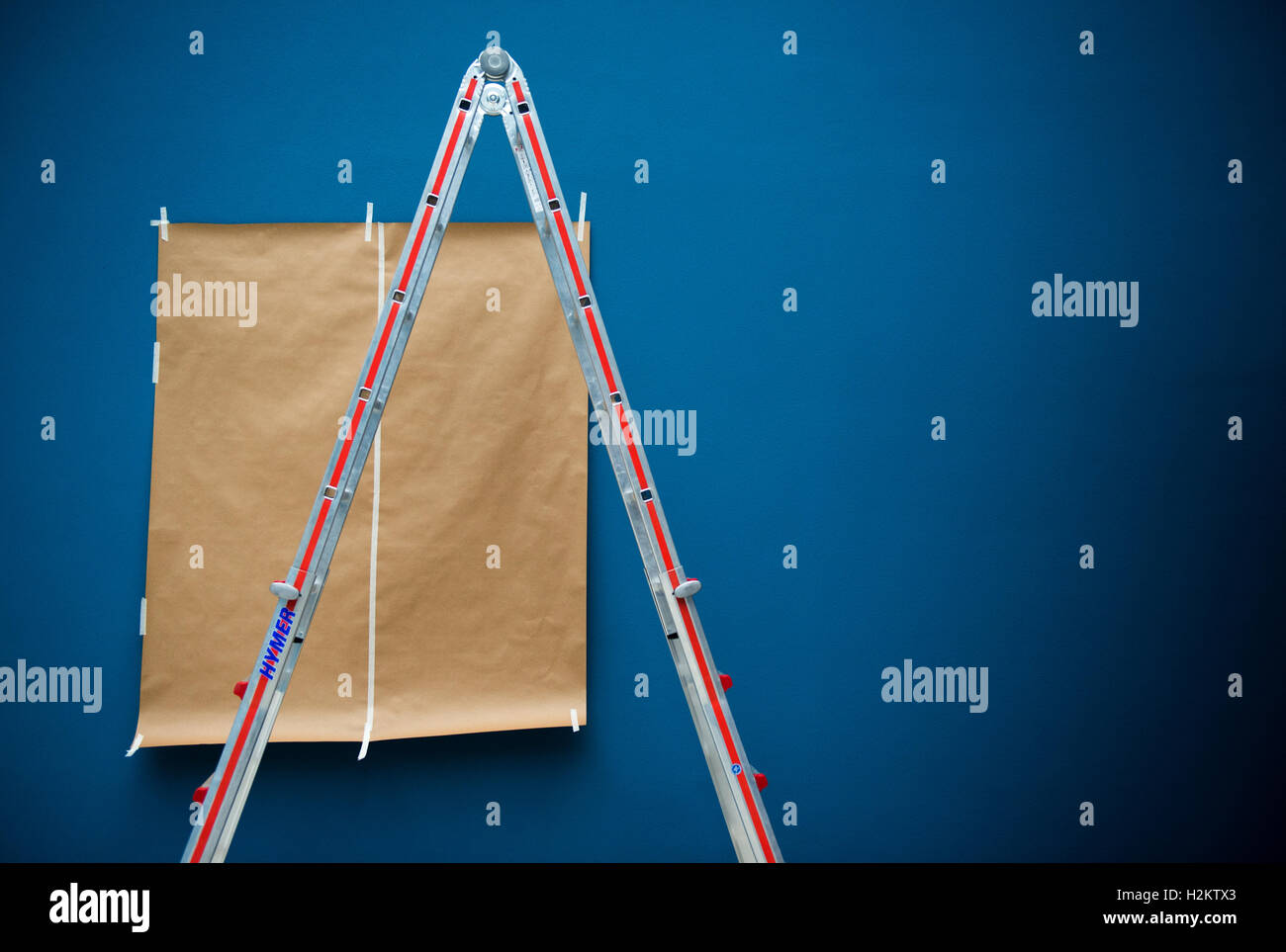 A ladder in front of a piece of packing paper attached with sticky tape ...