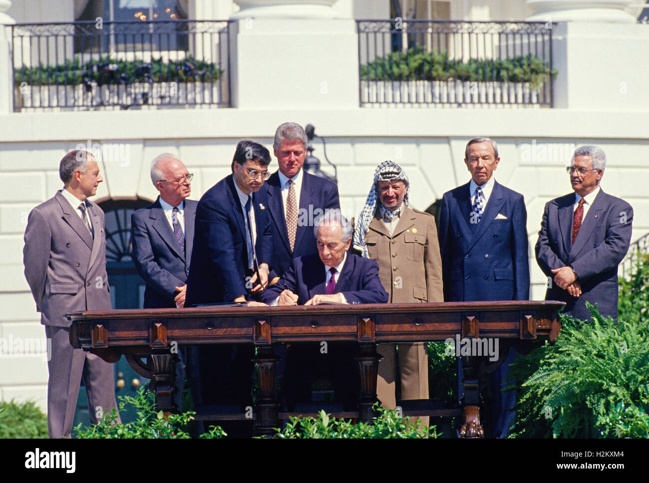 Minister of Foreign Affairs of Israel Shimon Peres puts his signature ...