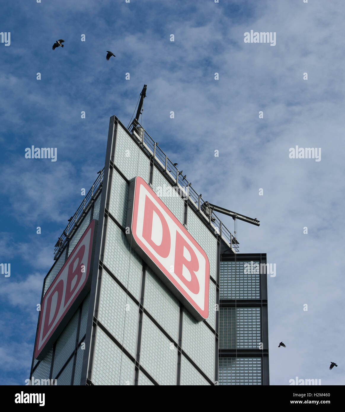 The Deutsche Bahn (DB) logo can be seen on a tower at the central ...