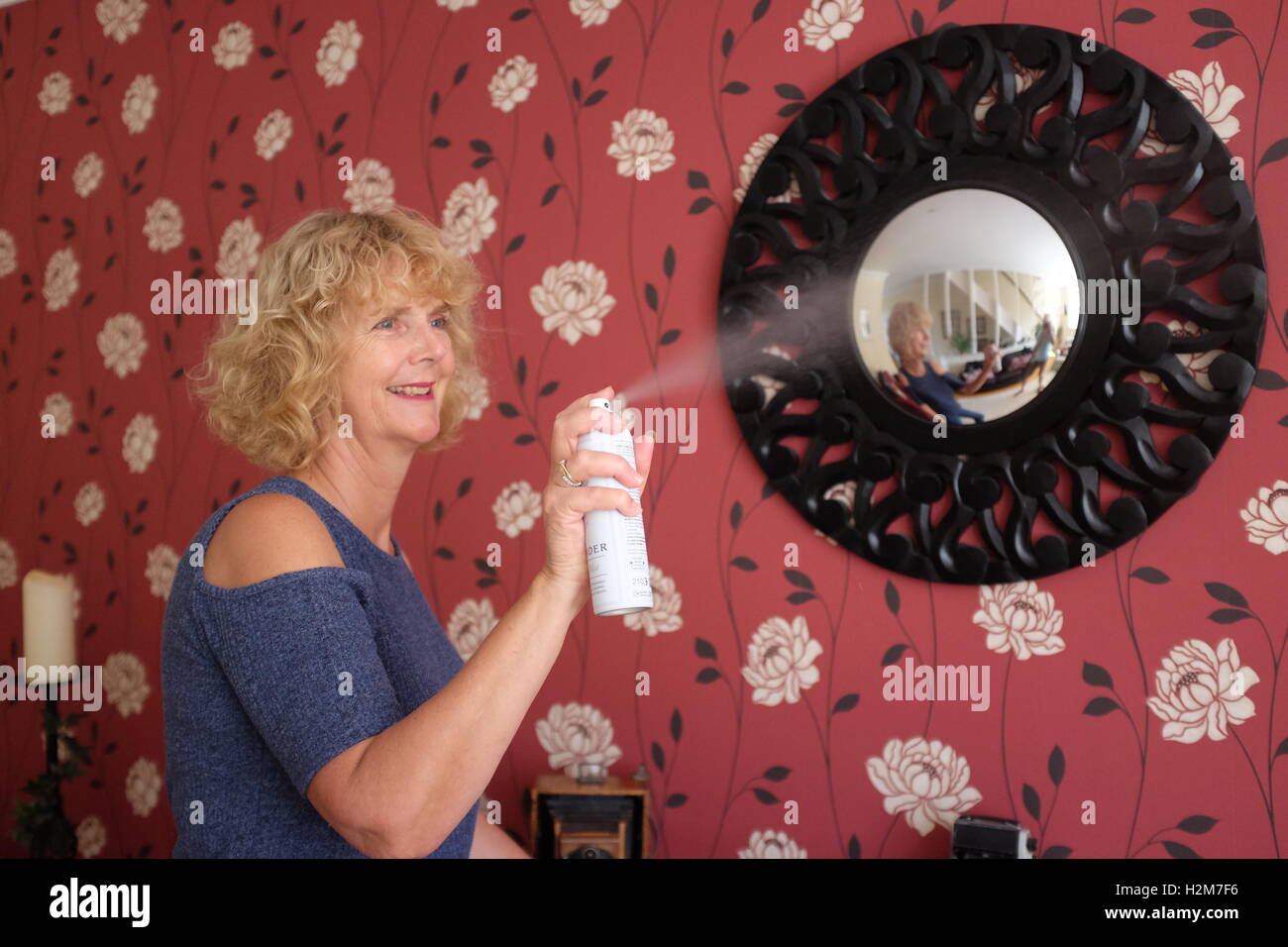 Woman doing household cleaning chores using air freshener aerosol can ...