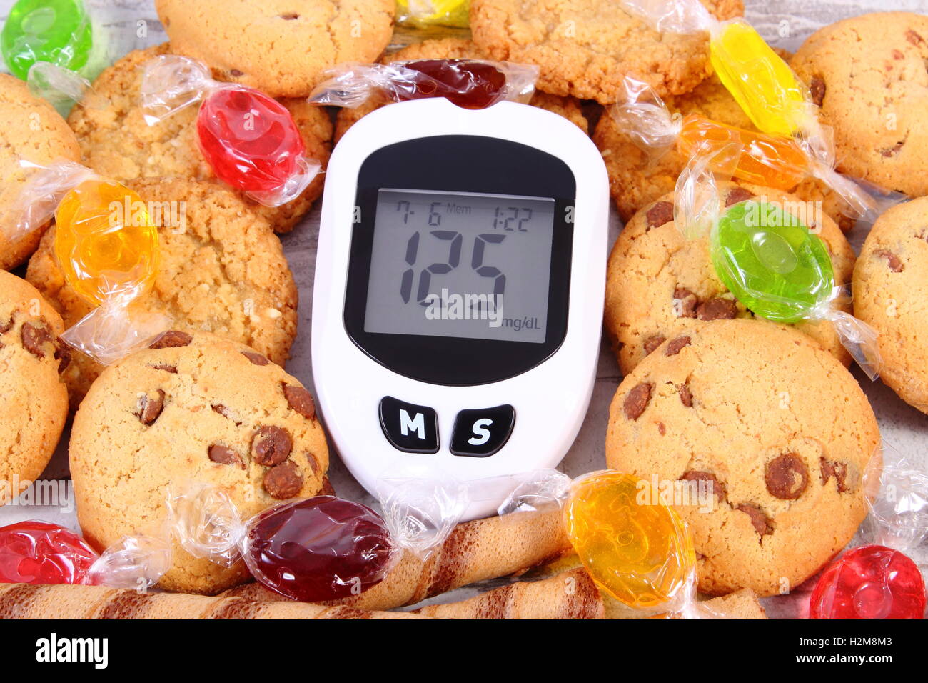 Glucose meter with result of measurement sugar level and colorful ...