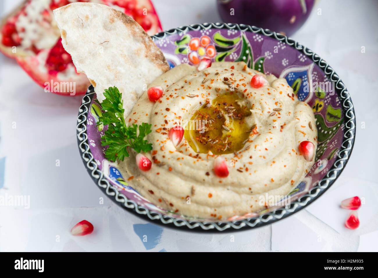 Baba ghanoush, levantine eggplant dip with olive oil and parsley Stock ...