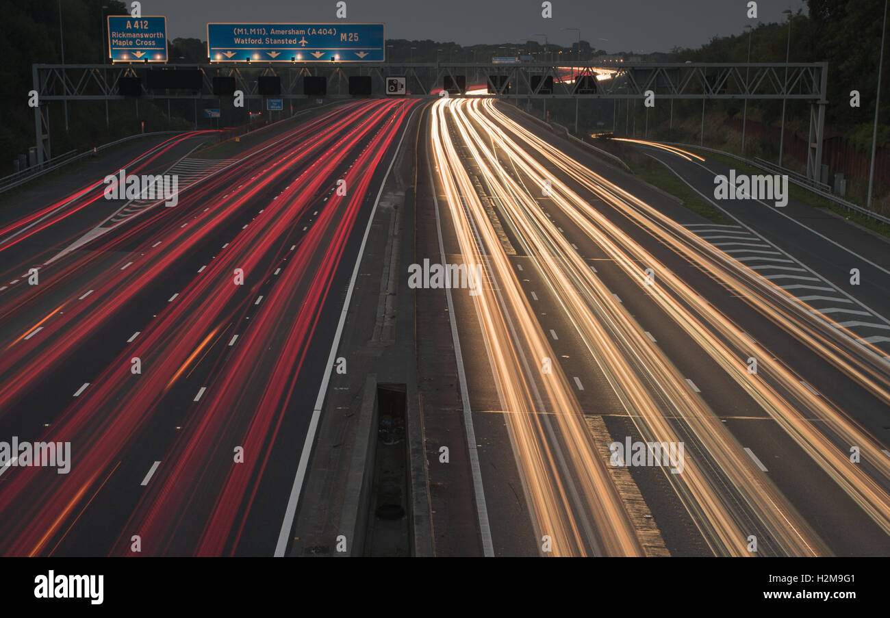 Dusk traffic M25 facing North East Junction 17 Stock Photo - Alamy