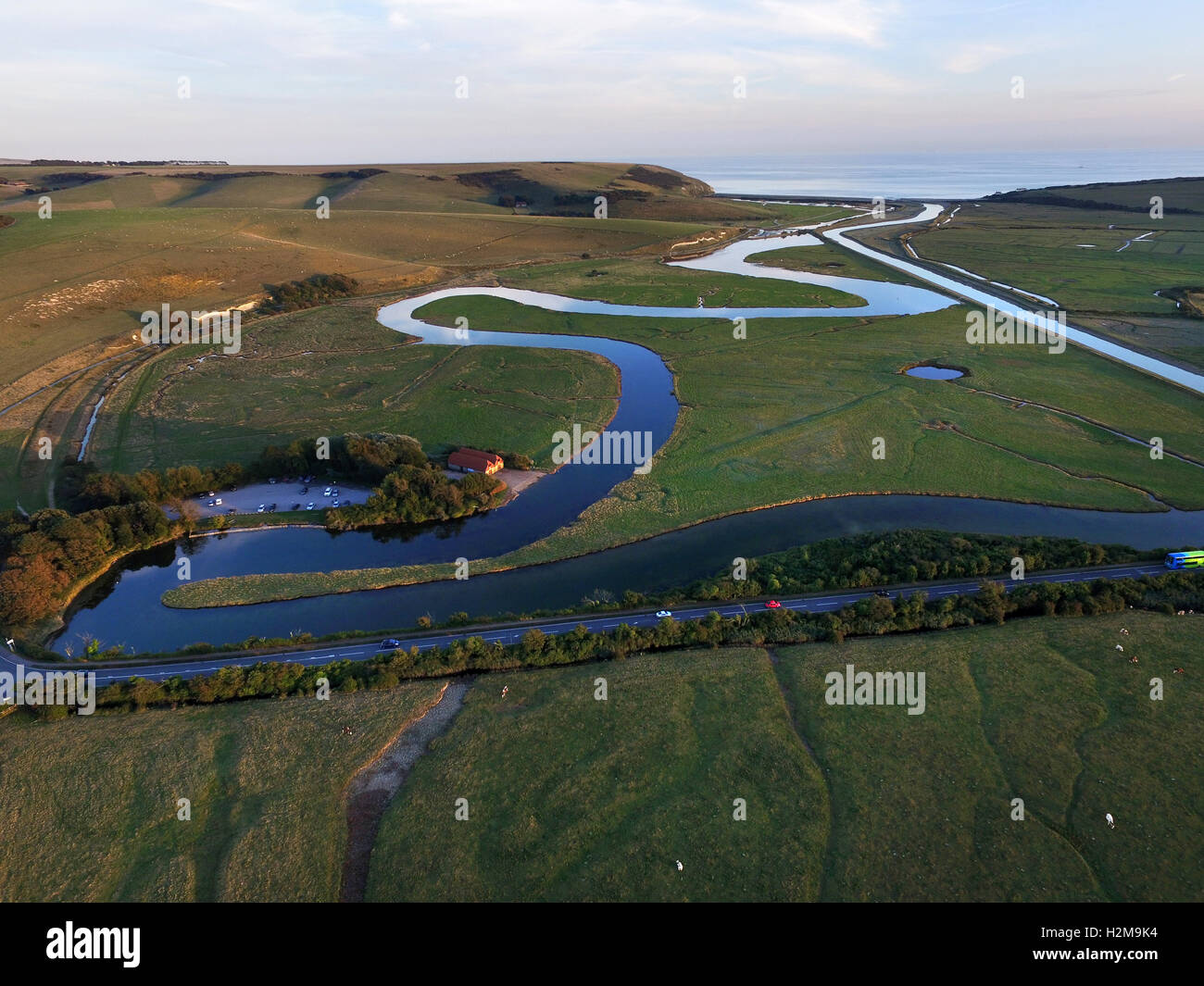 Aerial view of the conic meandering Cuckmere Haven, South Downs ...