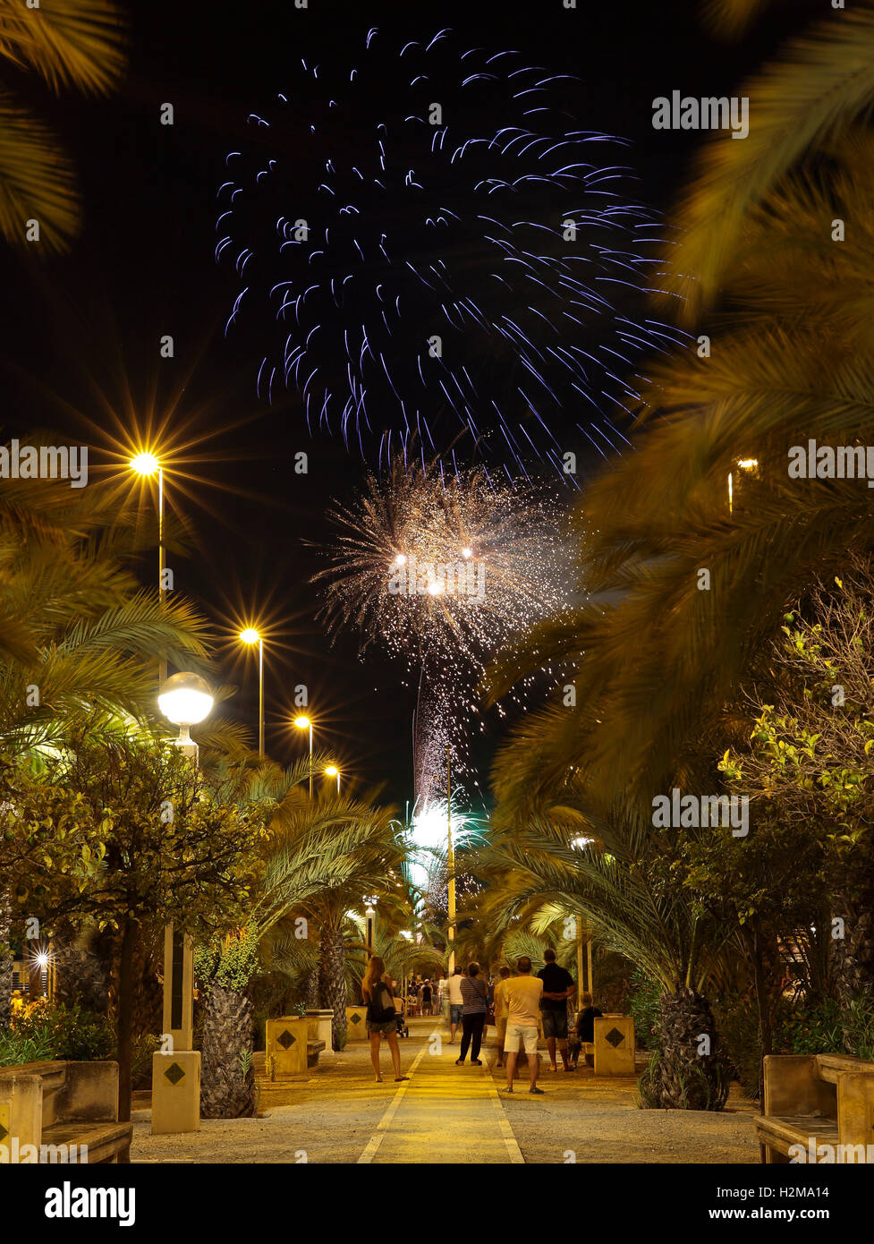 Castle Fireworks in elche the day of the Virgin Stock Photo - Alamy