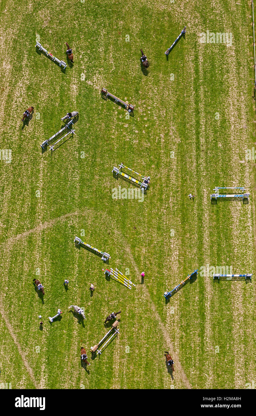 Aerial view, obstacles in the arena, Horse-riding at the Reit u ...