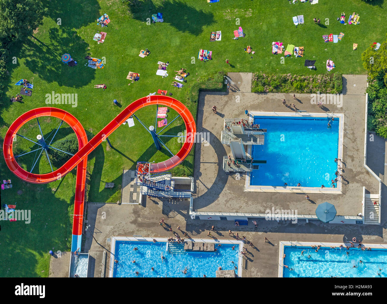 Aerial view, red slide, water slide, pool, Herdecke, Ruhr, Nordrhein ...
