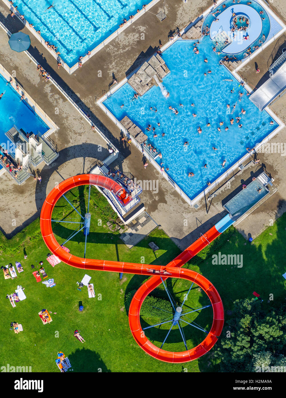 Aerial view, red slide, water slide, pool, Herdecke, Ruhr, Nordrhein ...