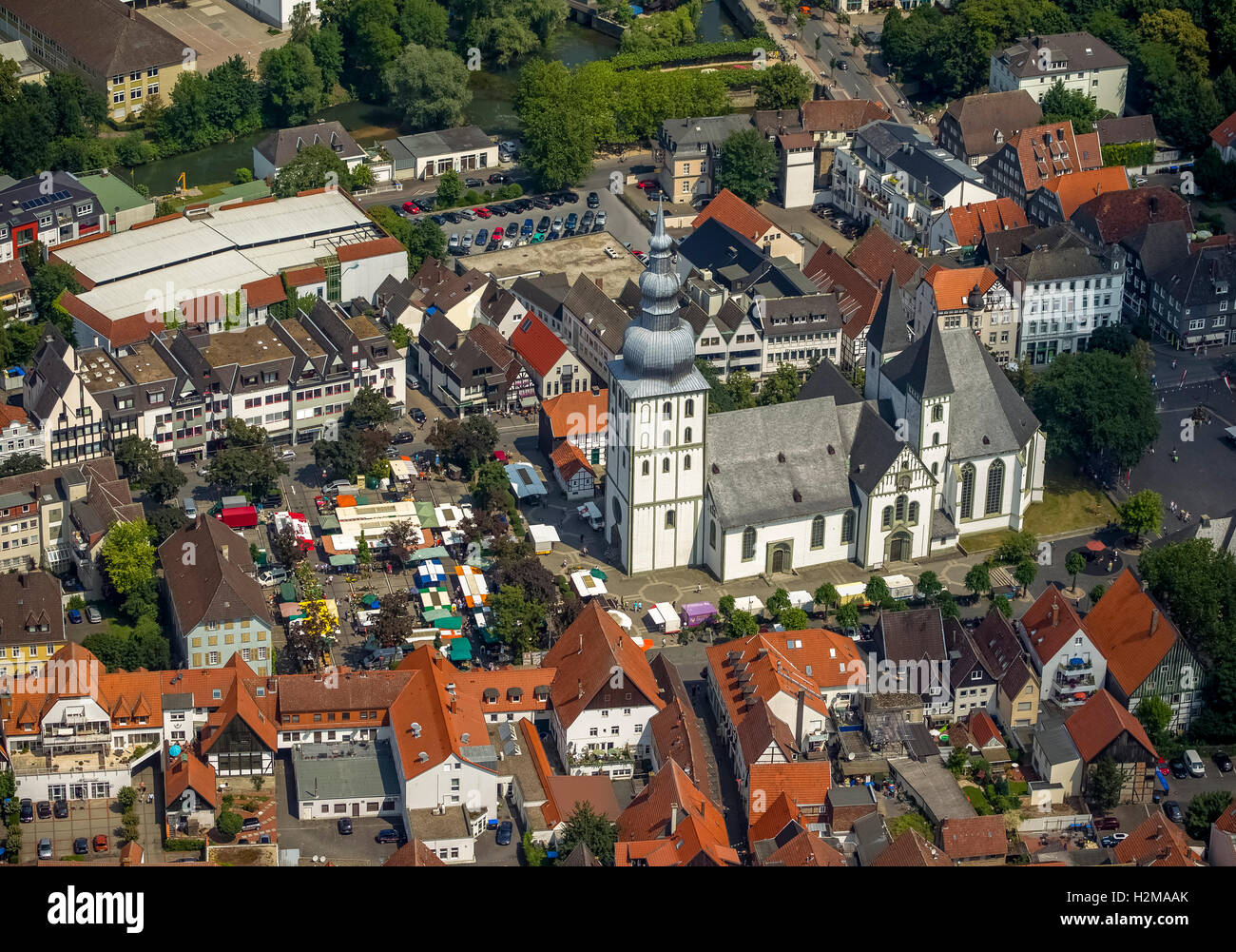Aerial view, Protestant Marienchurch with marketplace Lippstädter ...