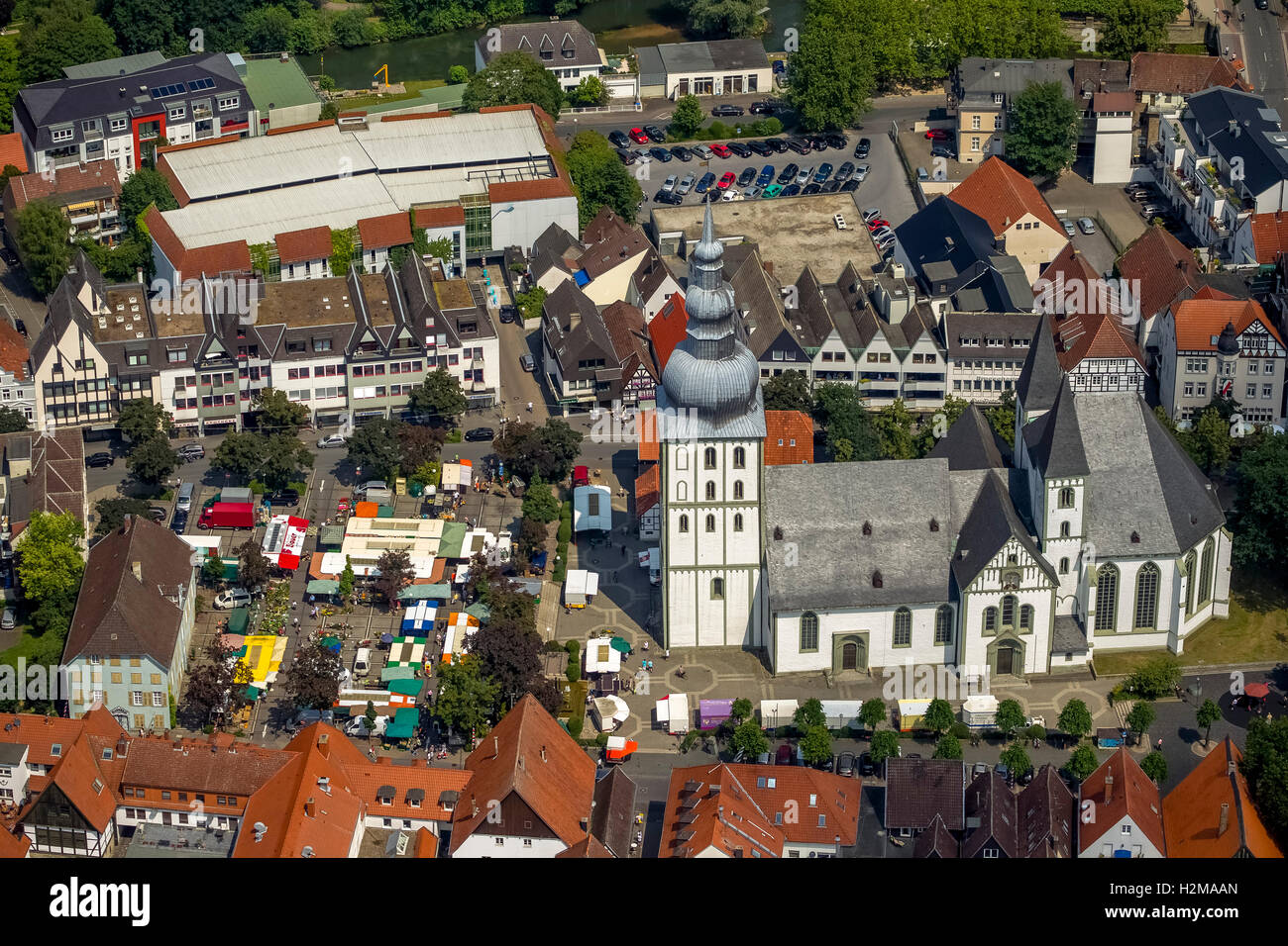 Aerial view, Protestant Marienchurch with marketplace Lippstädter ...