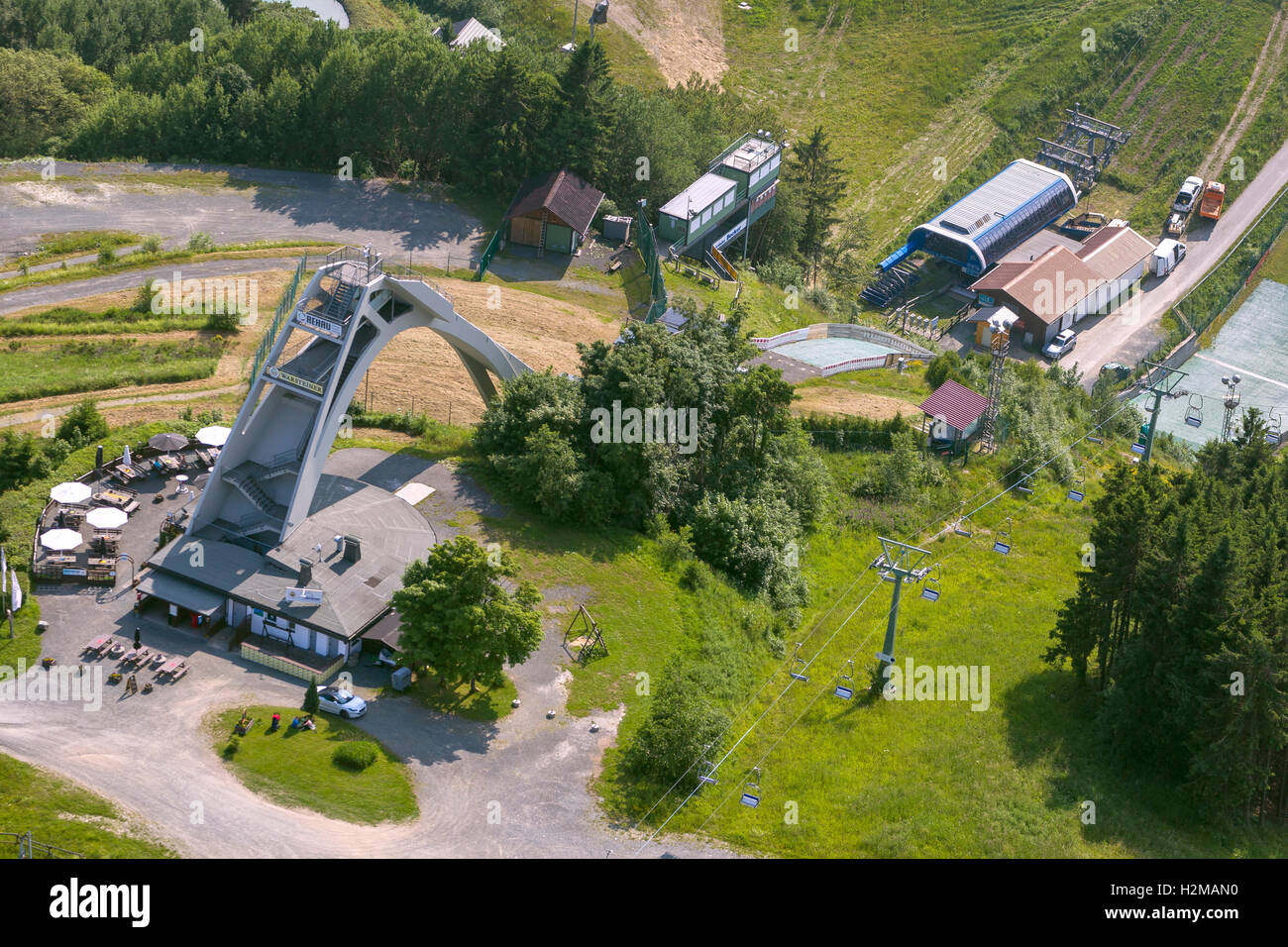 Aerial view, St.-Georg-Schanze in winter, ski jump, altitude village ...