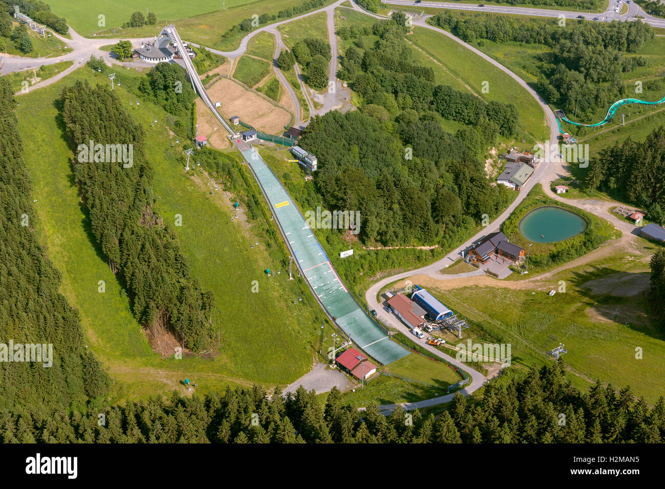 Aerial view, St.-Georg-Schanze in winter, ski jump, altitude village ...