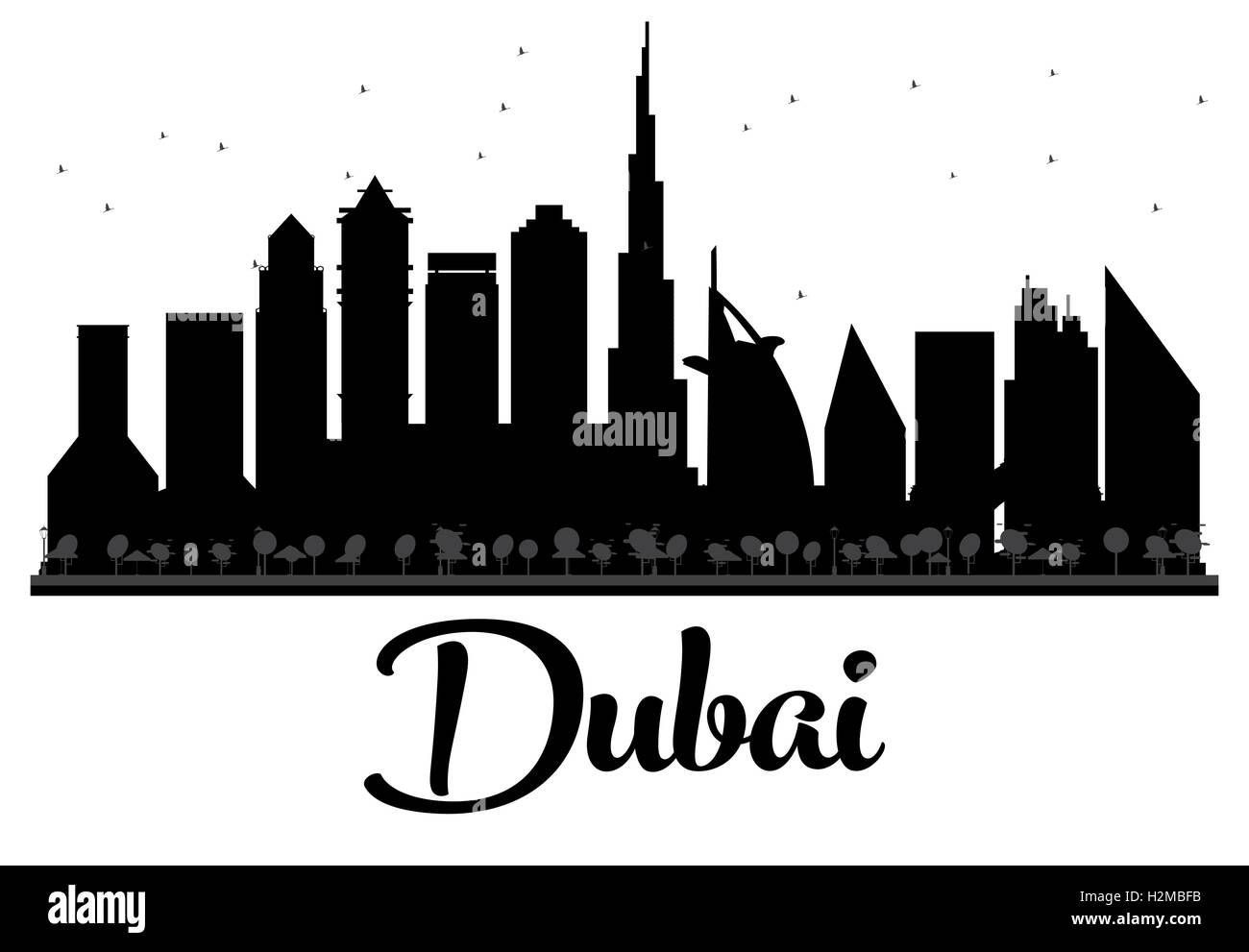 Dubai City skyline black and white silhouette. Vector illustration ...