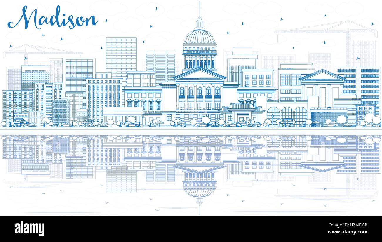 Outline Madison Skyline with Blue Buildings and Reflections. Vector ...